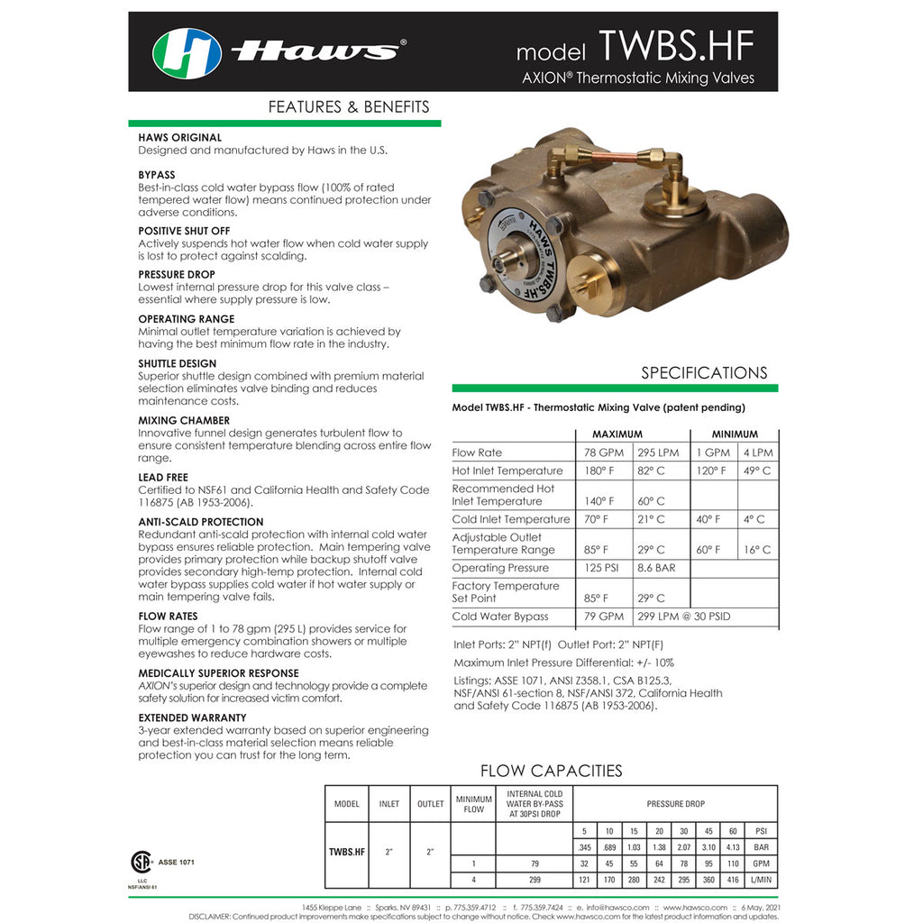 Haws TWBS.HF Thermostatic Mixing Valve | EyewashDirect.com