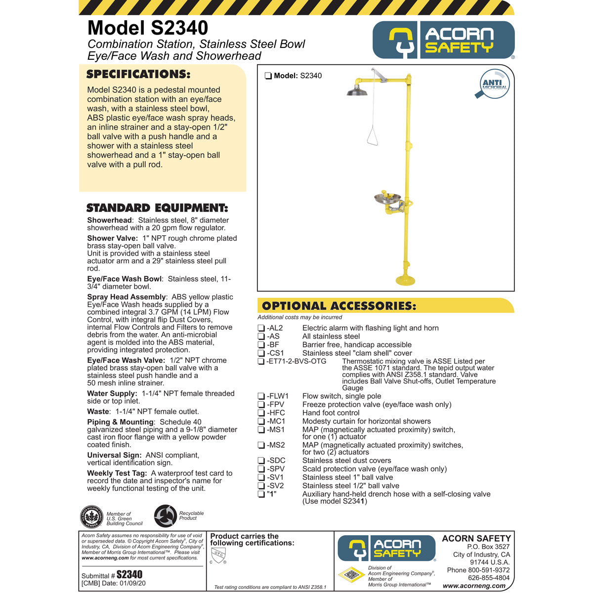 Acorn S2340 Combination Eye/Face Wash Station Drench Shower w/ SS Bowl ...