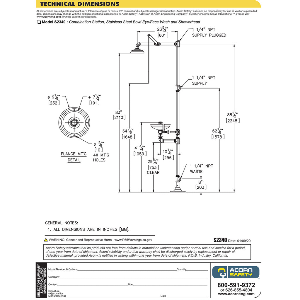 Acorn S2340 Combination Eye/Face Wash Station Drench Shower w/ SS Bowl ...