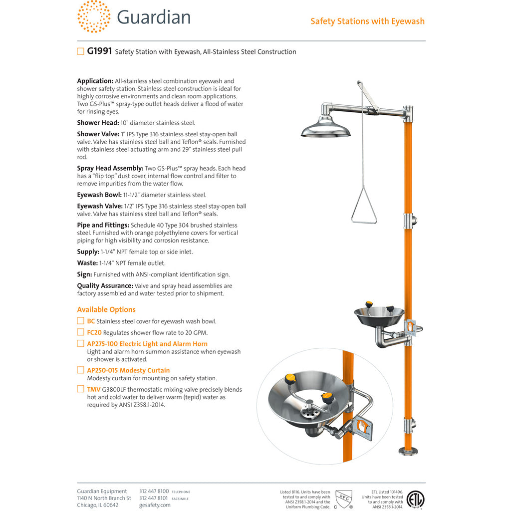 Guardian G1991 Safety Shower with Eyewash Station, All-Stainless Steel ...