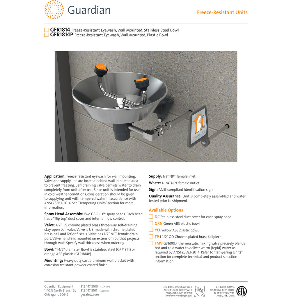 Guardian GFR1814 Freeze-Resistant Wall-Mount Eyewash, Steel Bowl ...