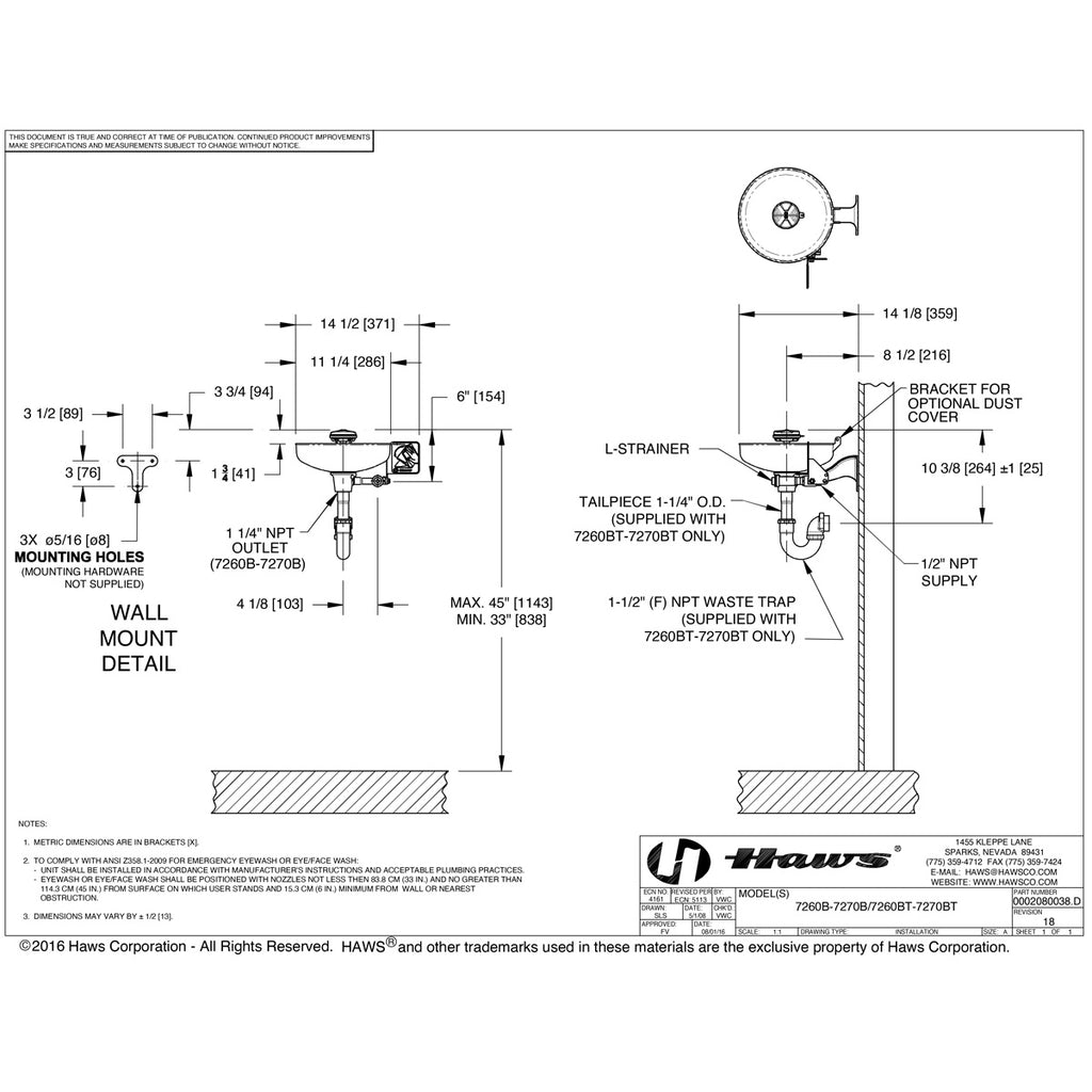 Haws 7260B-7270B AXION MSR Wall Mount Eyewash Station w/ Plastic Bowl ...