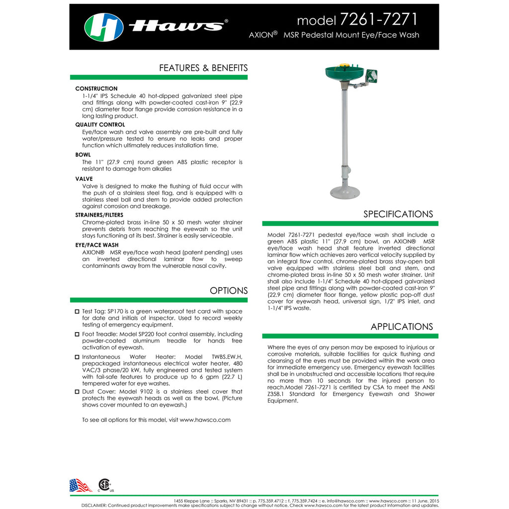 Haws 7261-7271 AXION MSR Pedestal Mount Eyewash Station w/ Plastic Bowl ...