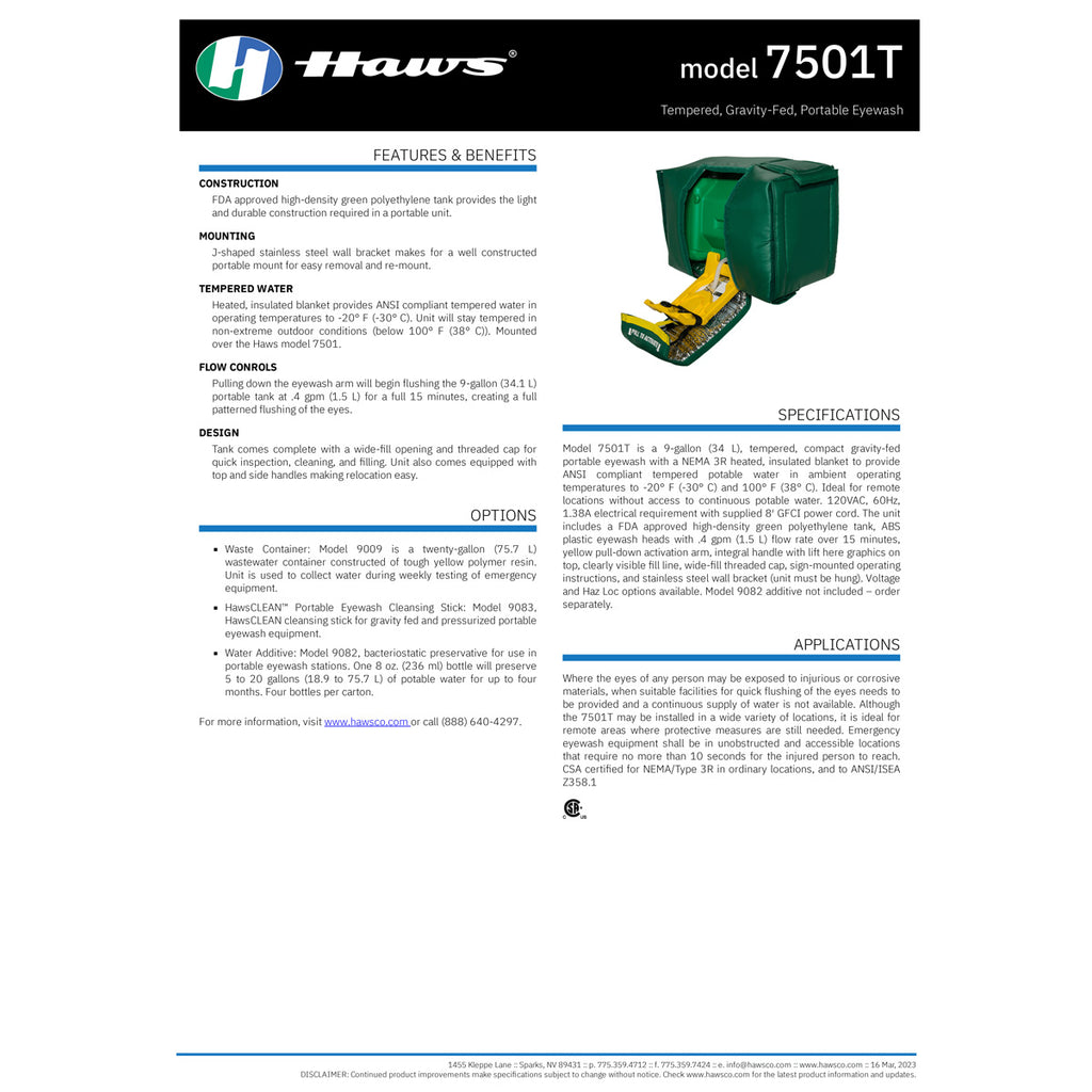 Haws 7501T Tempered, Gravity-Fed, Portable Eyewash | EyewashDirect.com