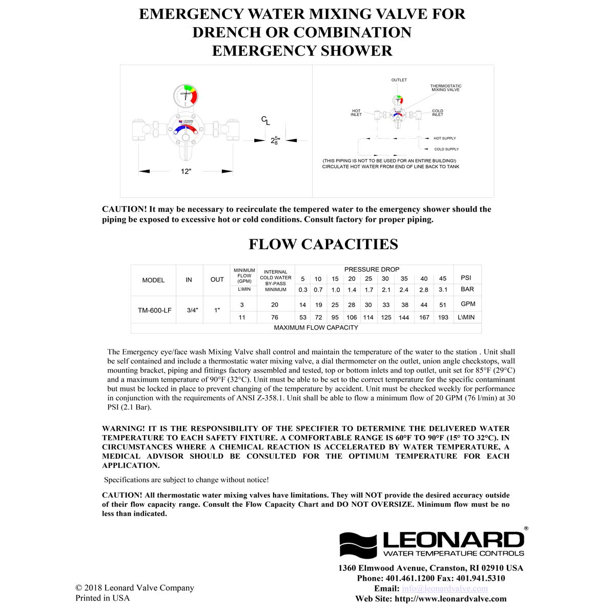 Leonard LF Single Drench / Combination Emergency Shower Thermostatic Mixing Valve, 20 GPM - TM ...