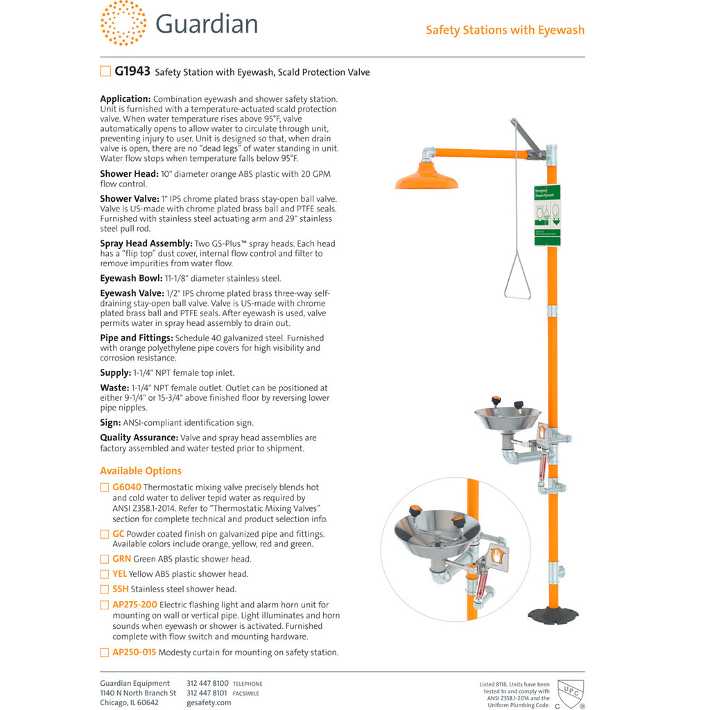 Guardian G1943 Safety Shower with Eyewash, Scald Protection Valve ...