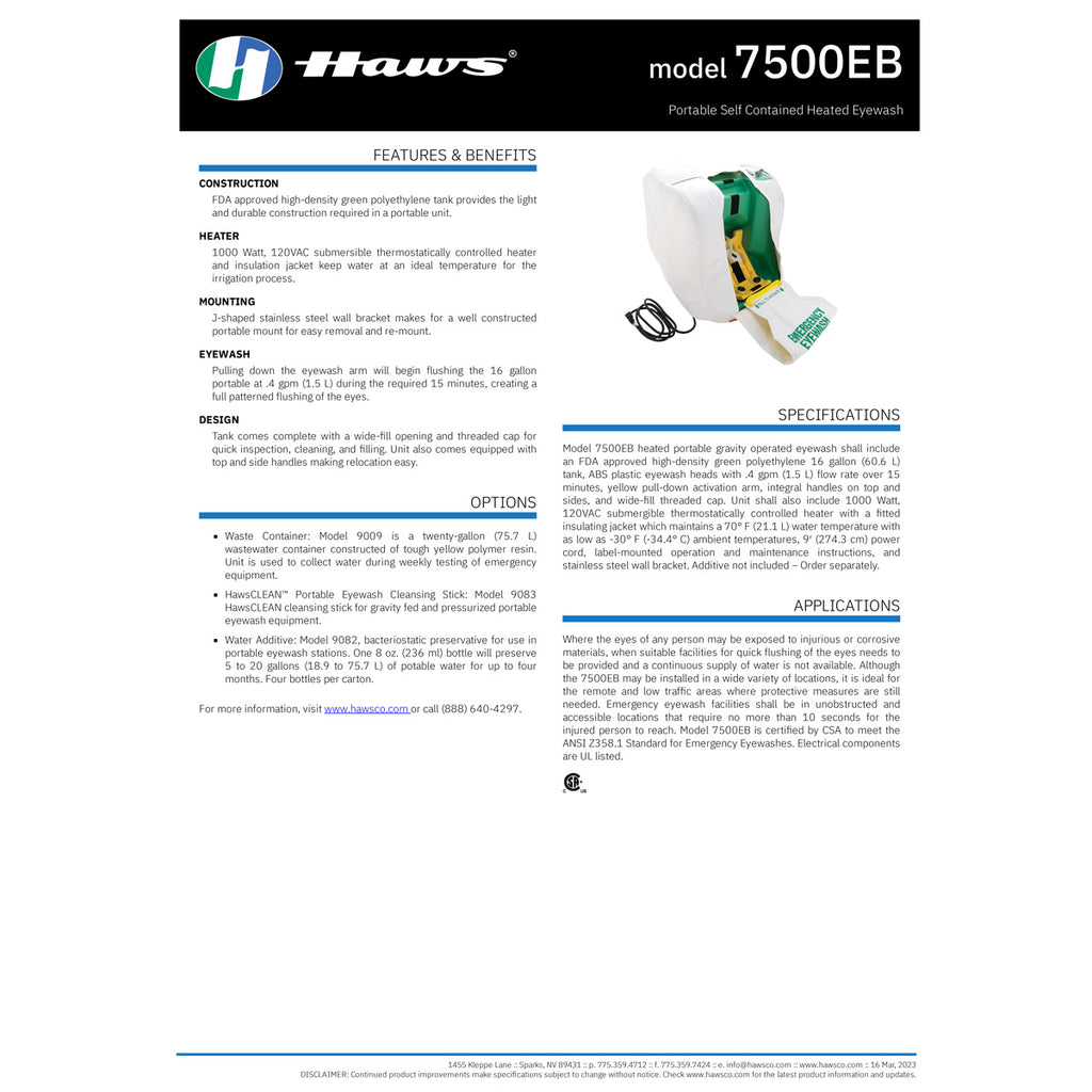Haws 7500EB Portable Eyewash Station 16 Gallon | EyewashDirect.com