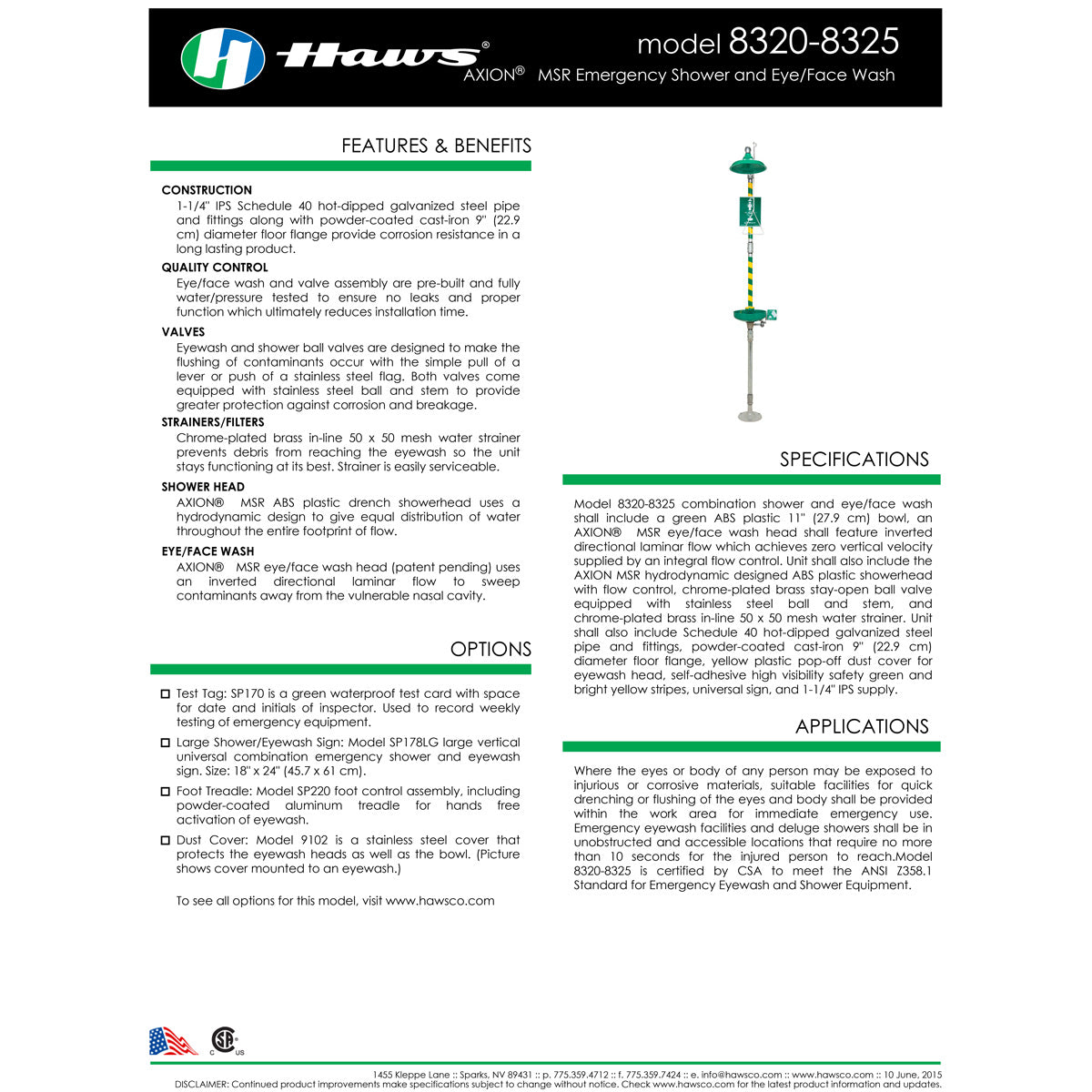 Haws 8320-8325 AXION MSR Combination Eyewash Station Drench Shower ...