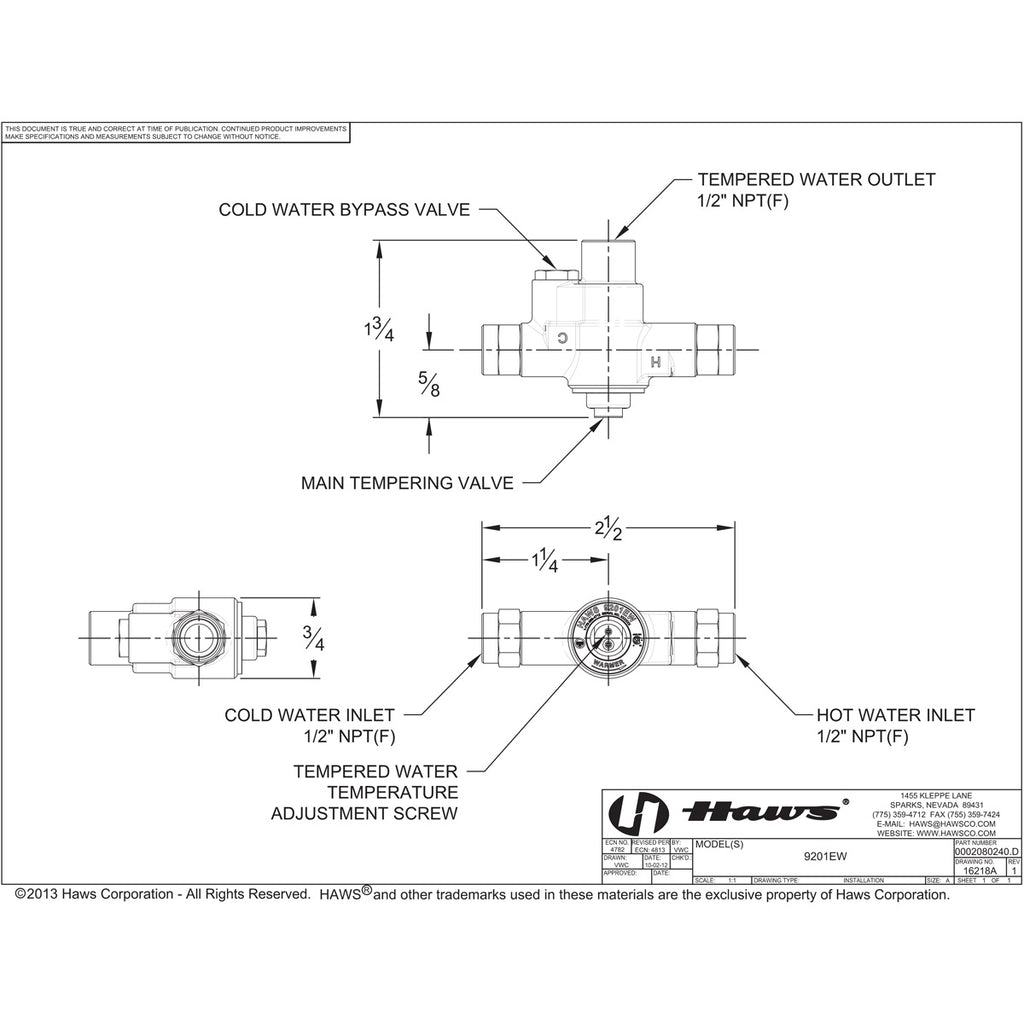 Haws 9201EW Thermostatic Mixing Valve | EyewashDirect.com