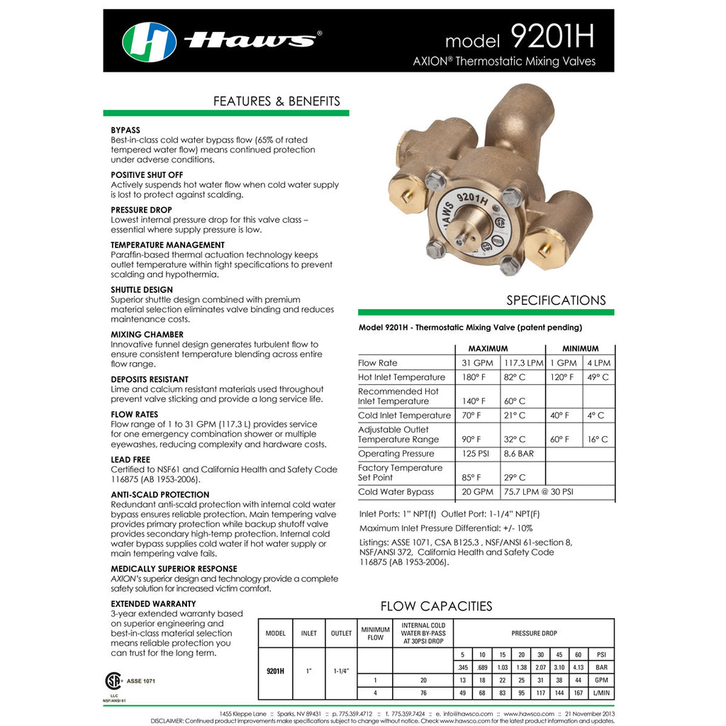 Haws 9201H Thermostatic Mixing Valve | EyewashDirect.com