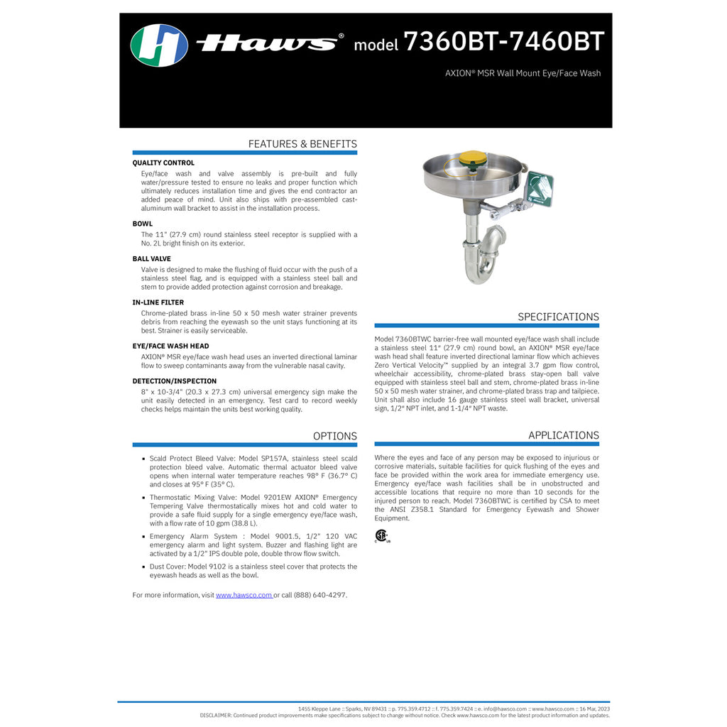 Haws 7360BT-7460BT AXION MSR Wall Mount Eyewash Station w/ Stainless ...