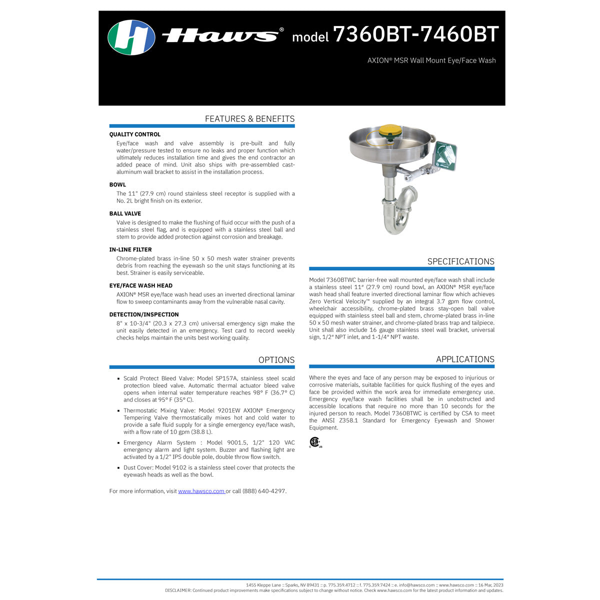 Haws 7360BT-7460BT AXION MSR Wall Mount Eyewash Station w/ Stainless ...