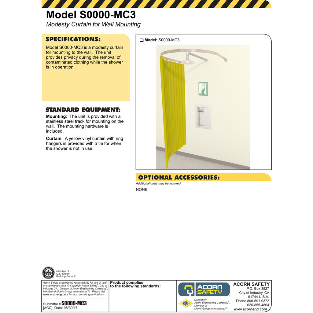 Acorn S0000-MC3 Drench Shower Modesty Curtain (For Wall Installation ...