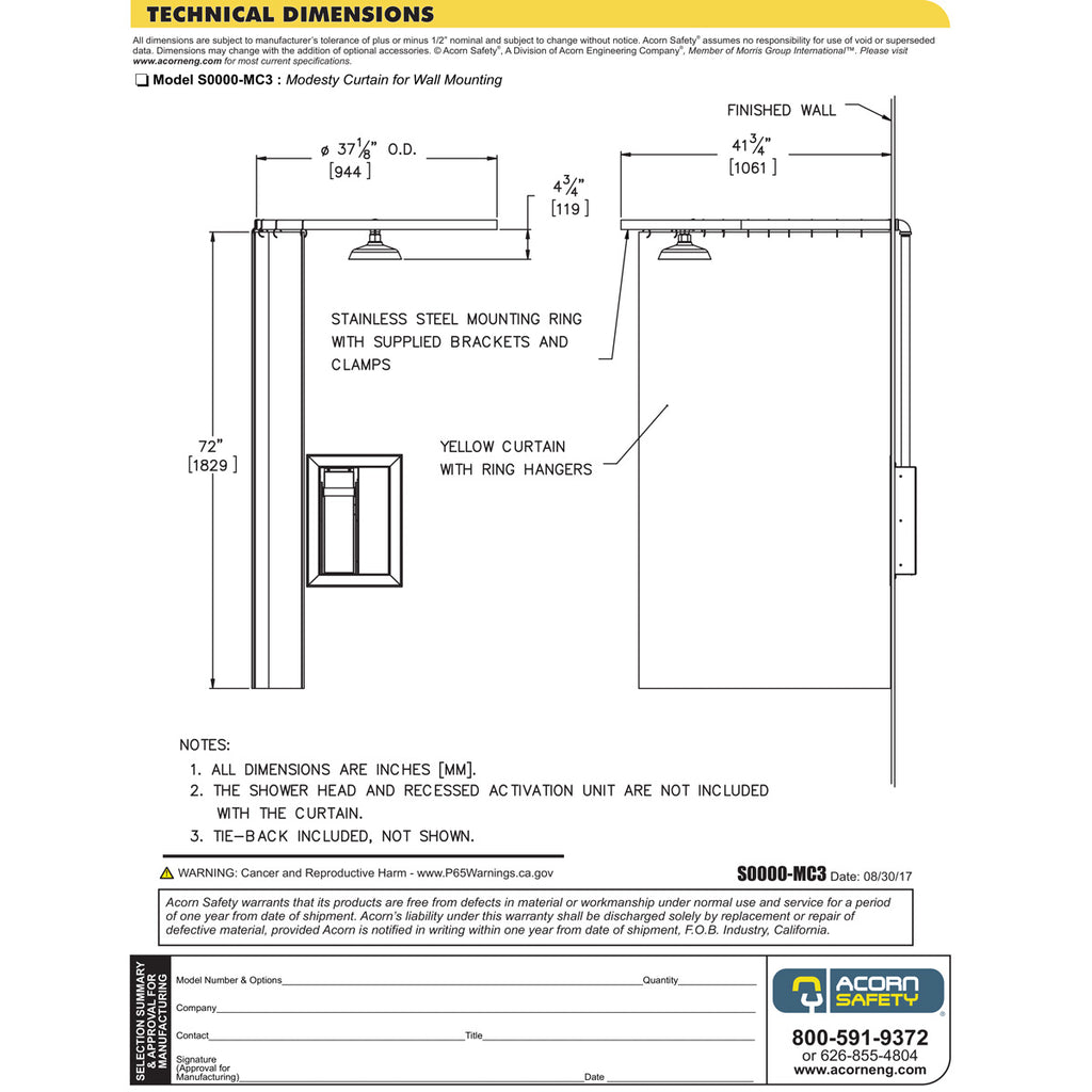 Acorn S0000-MC3 Drench Shower Modesty Curtain (For Wall Installation ...