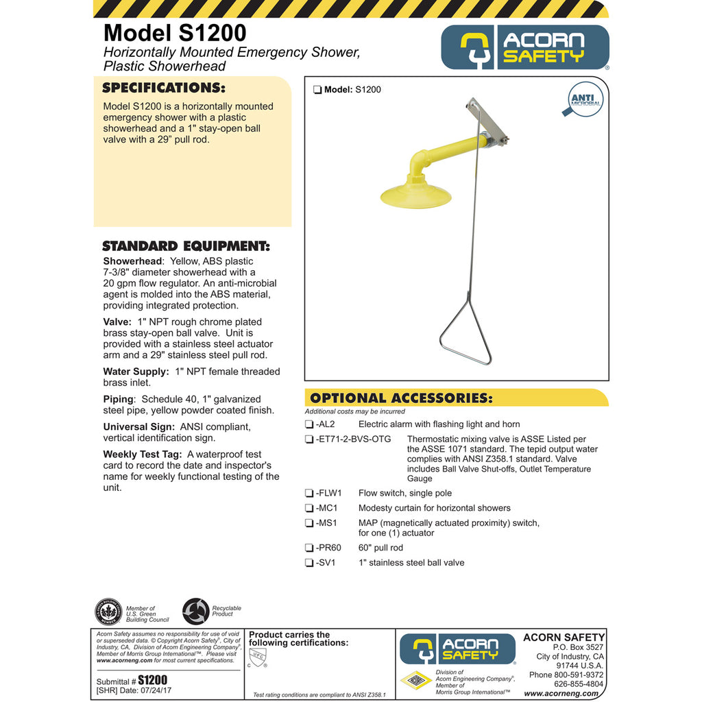 Acorn S1200 Horizontal Emergency Drench Shower w/ Plastic Showerhead ...